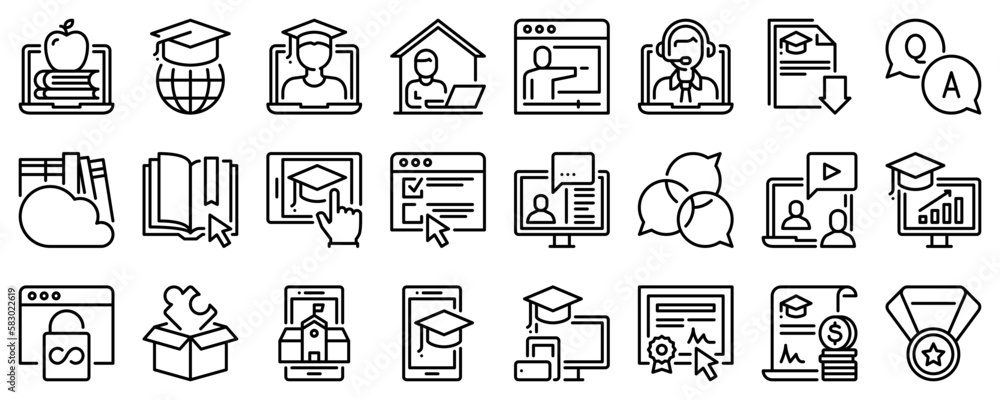 Line icons about online education on transparent background with ...