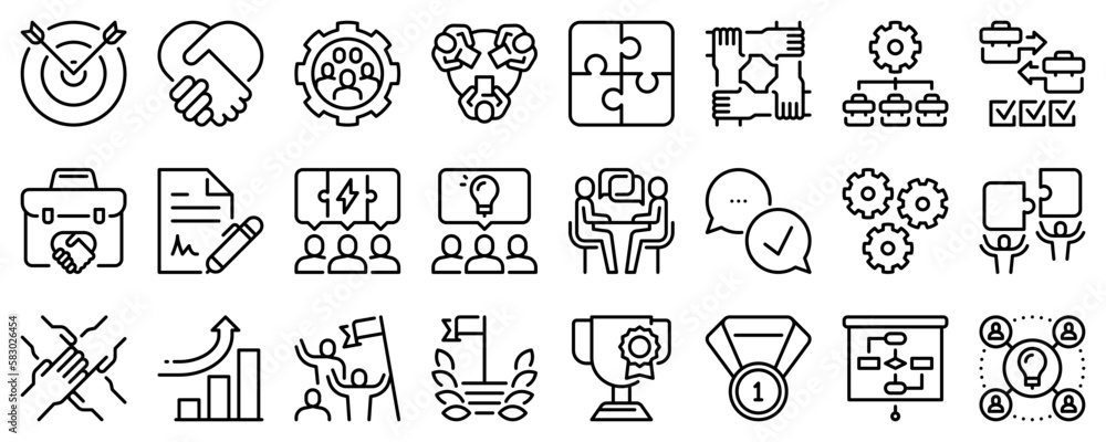 Line icons about partnership on transparent background with editable ...