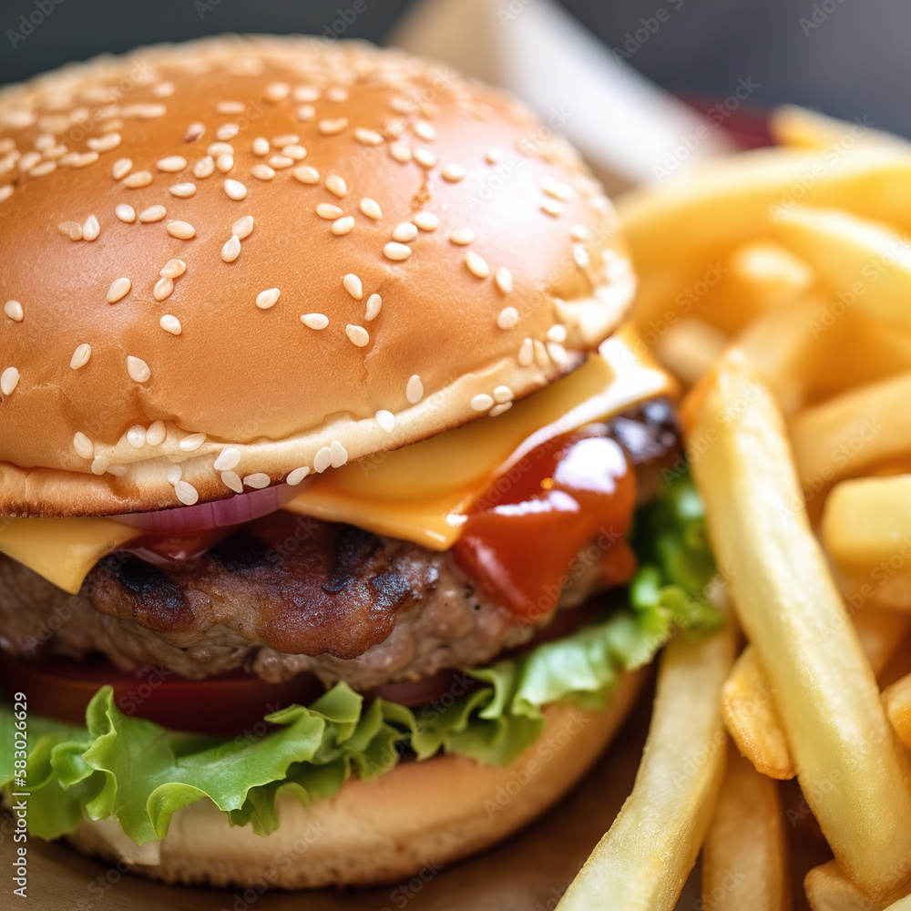 Cheeseburger and fries combo closeup, ai art Stock Photo | Adobe Stock