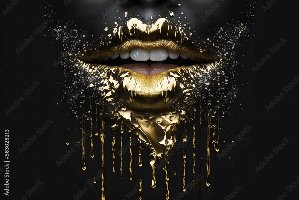 Beauty makeup golden luxury lips on a black background. Neural network ...