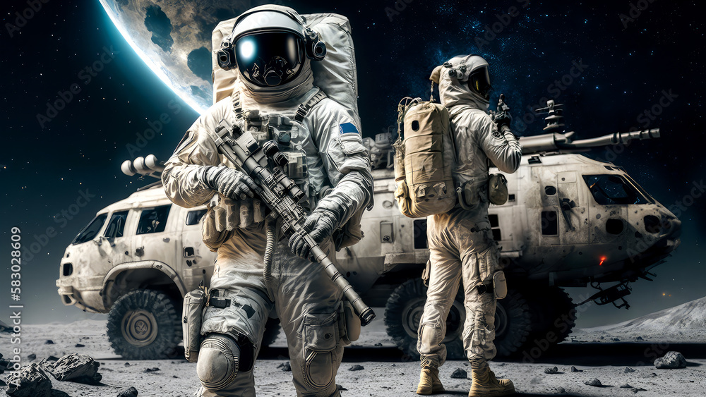 Futuristic space army with soldiers and vehicles on moon. Concept art ...