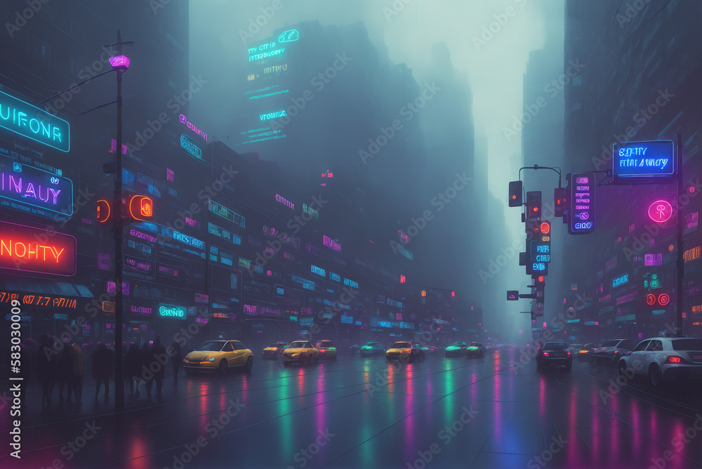 Rainy night street in futuristic city, skyscrapers, cars and random ...