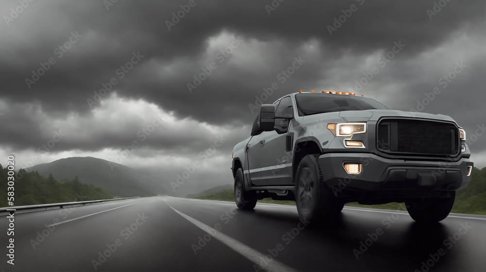 A pickup truck is driving down the road. Dark dramatic landscape as ...