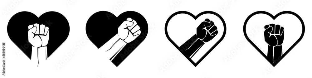 Heart shape and raised fist. Clenched fist symbol set. Security or ...