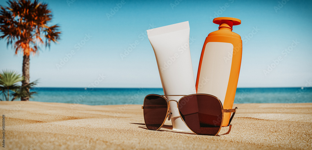 Sunglasses and sun lotion on the beach in summer Stock Photo | Adobe Stock