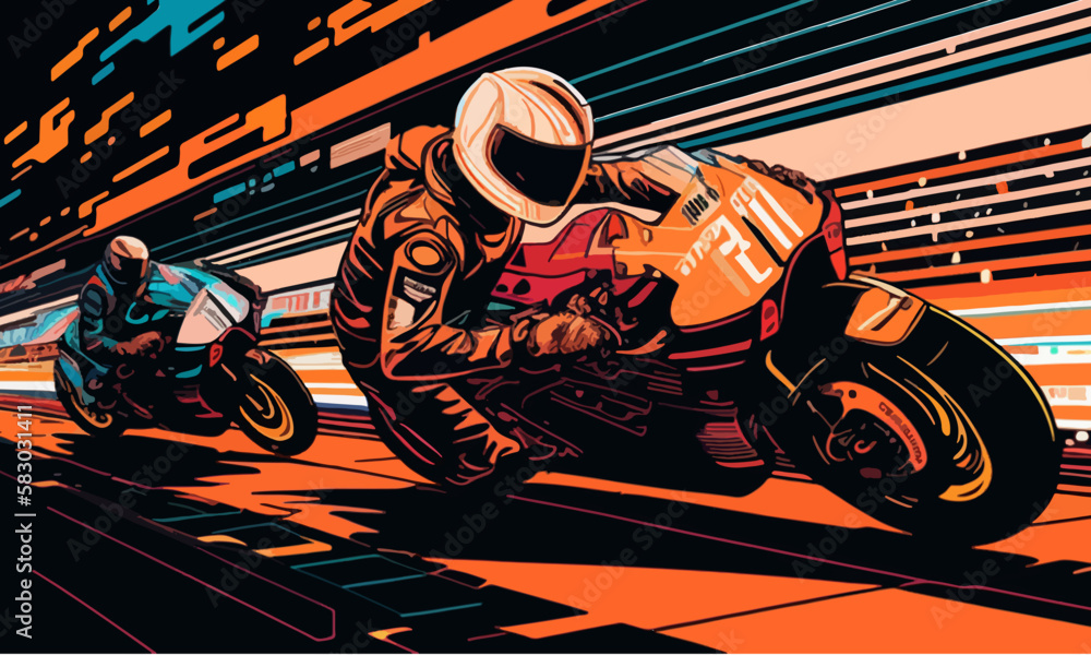 Vector drawing. Drawing of a racing motorcycle on a circuit race, for ...