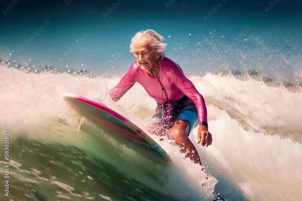 AI illustration of a rad grandma surfing and having fun on the summer ...