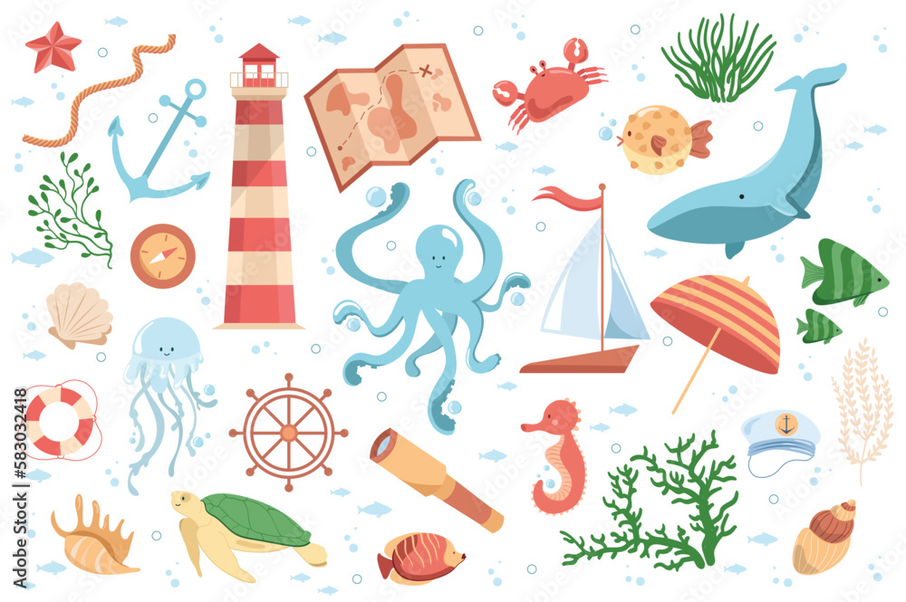 Cute sea adventures elements set concept in the flat cartoon design ...