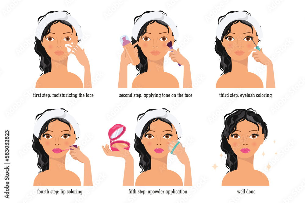 Make up set icons concept in the flat cartoon design. Step by step ...