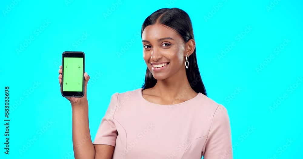 Chroma key, green screen and woman holding phone with mockup for logo ...