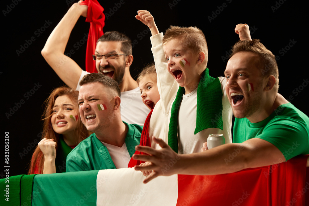 Excited people standing with flag of country. Football fans emotionally ...