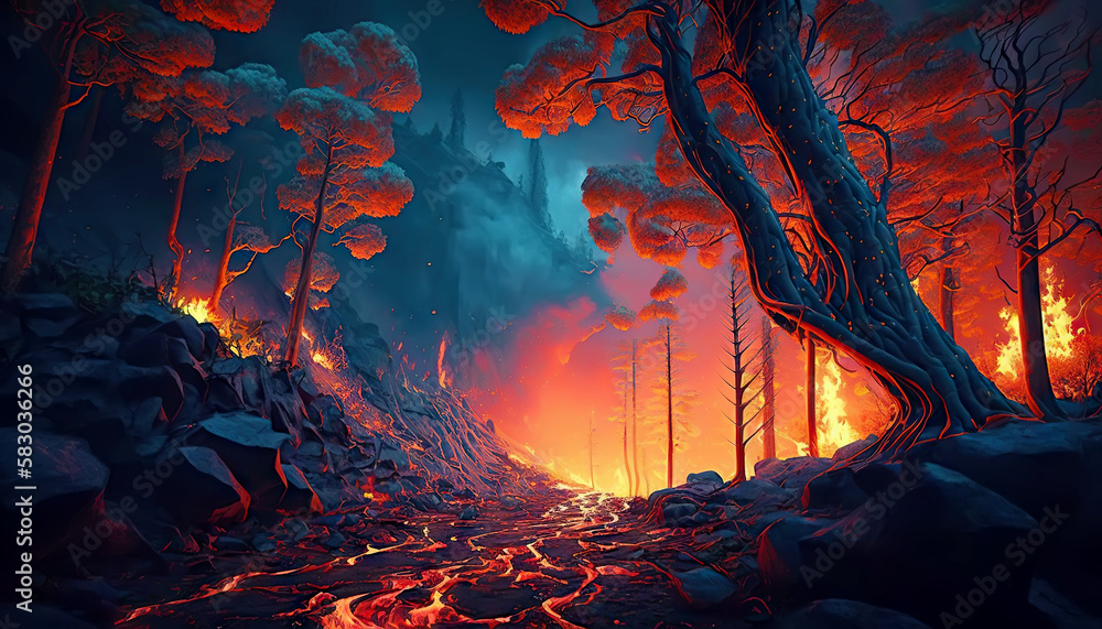 Forest on fire by magma from volcano eruption. Smoke rises in night sky ...