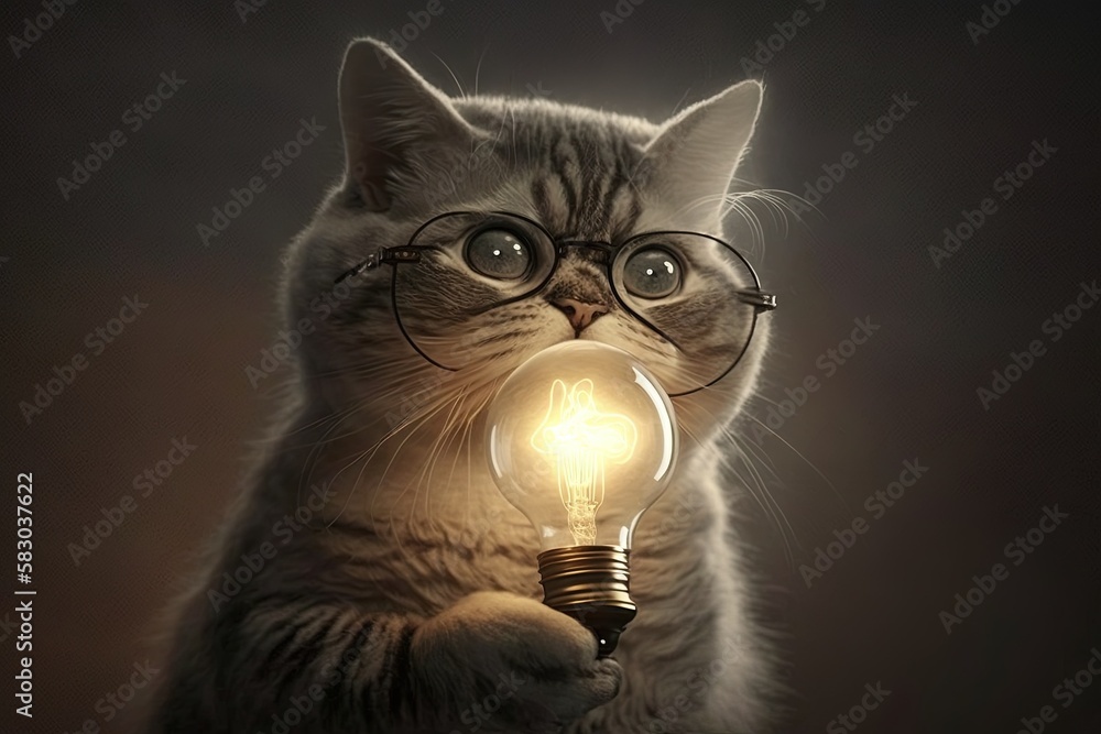 Cat genius with idea bulb lamp light above head illustration generative ...