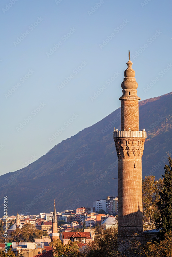 Bricks minaret of Ulu Camii, historical mosque built by Bayezid I ...