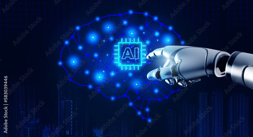 AI computer chip on digital artificial intelligence brain touching by ...