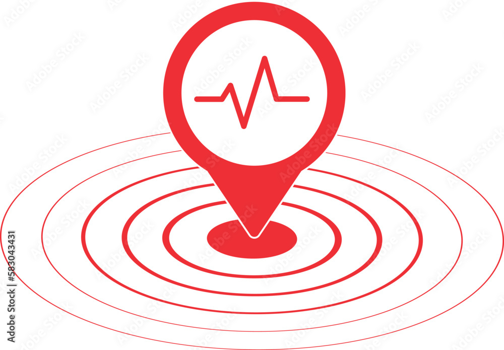 Icon, earthquake icon in red bright colors on a white background ...