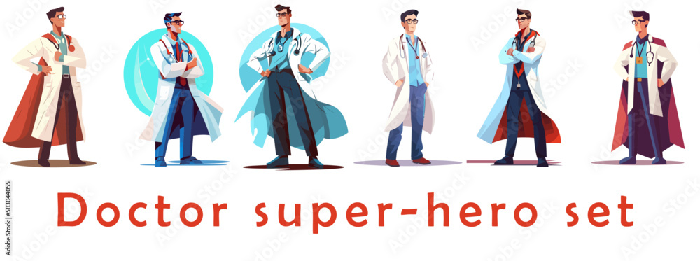 Set of illustrations of Doctor super-hero in a medical uniform ...