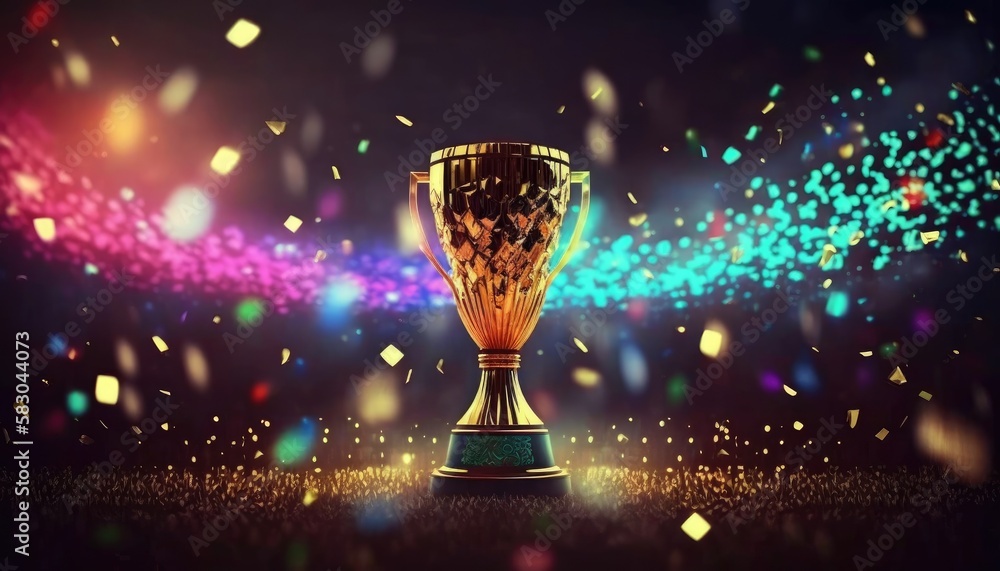 Golden soccer cup reward for victory in football championship on green ...