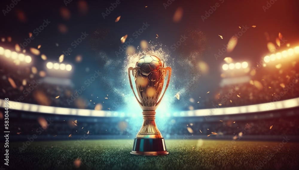 Golden soccer cup reward for victory in football championship on green ...