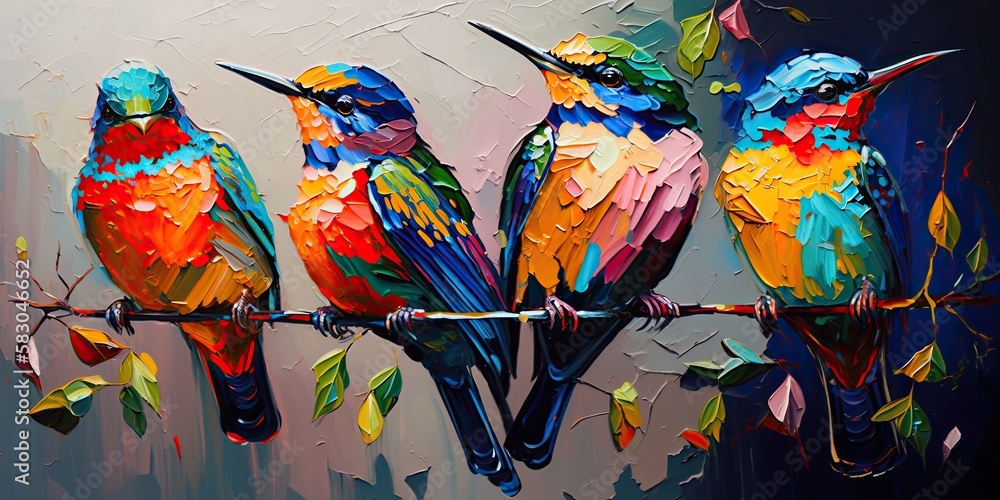Colourful birds sitting on a branch. Oil painting. Contemporary ...