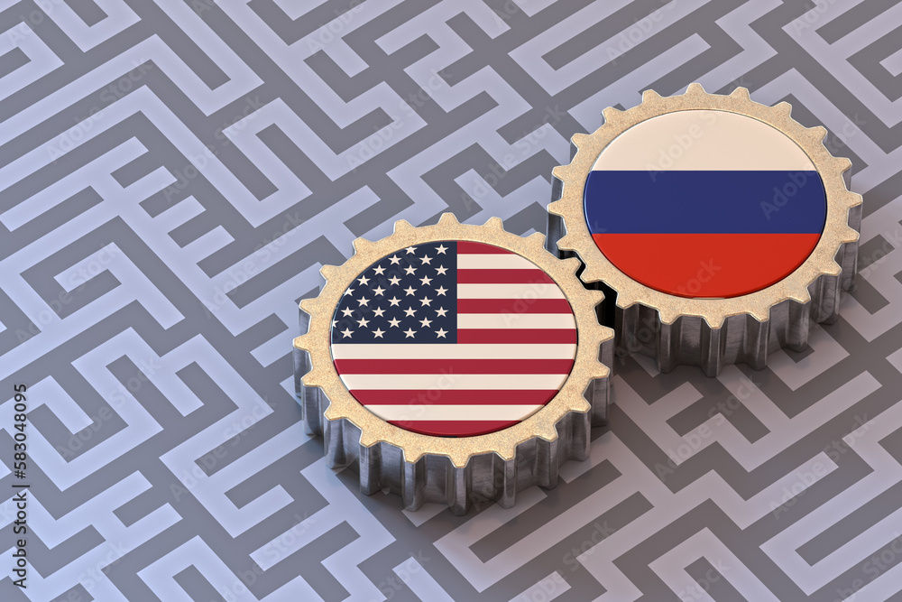 USA and Russia Flags on a Gears. Isolated on Labyrinth Background Stock ...