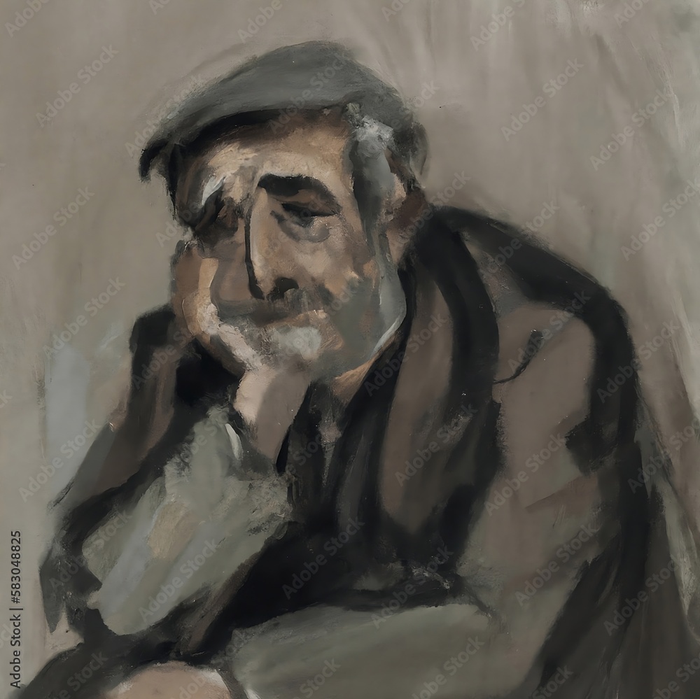 Painting of old man thinking holding his face with his hand. Sad old ...