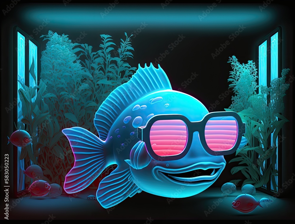 Funny fish face anthropomorphic person in glasses neon glowing, amusing ...