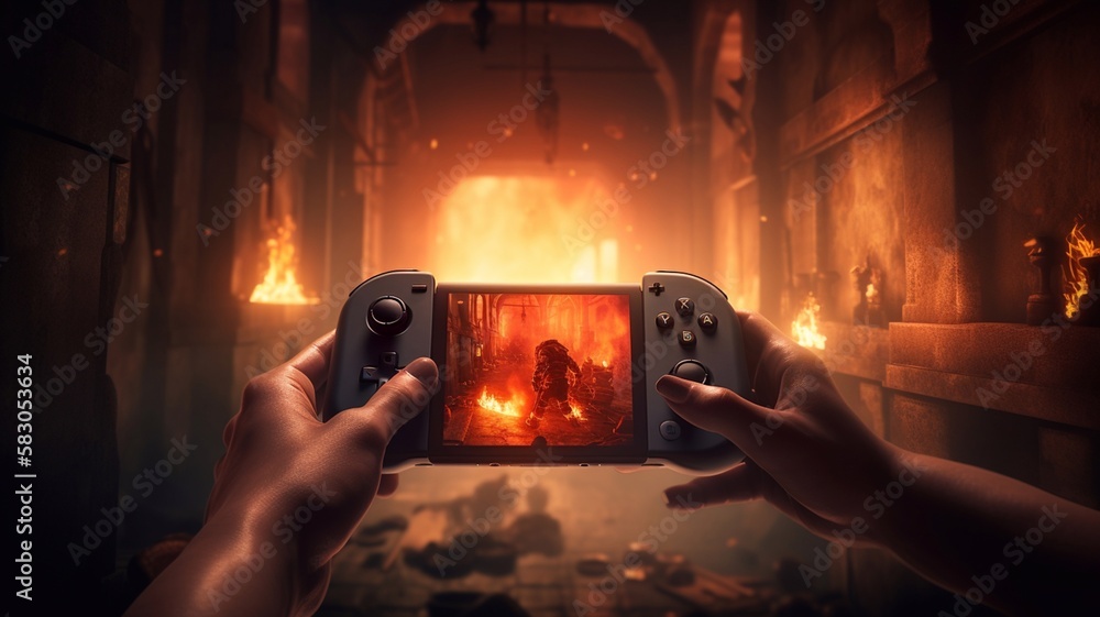 First-person human hands playing a computer game with a gamepad ...