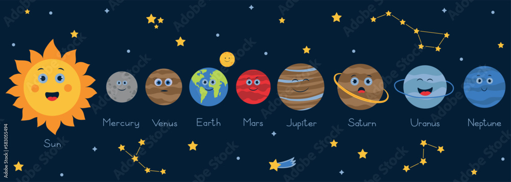 Vector solar system. Cartoon children illustration of space. Cute funny ...