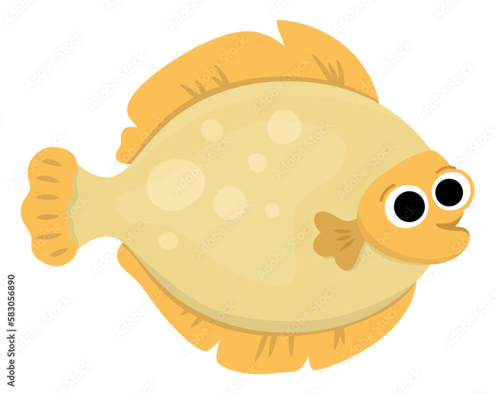 Vector flounder icon. Under the sea illustration with cute funny flat ...