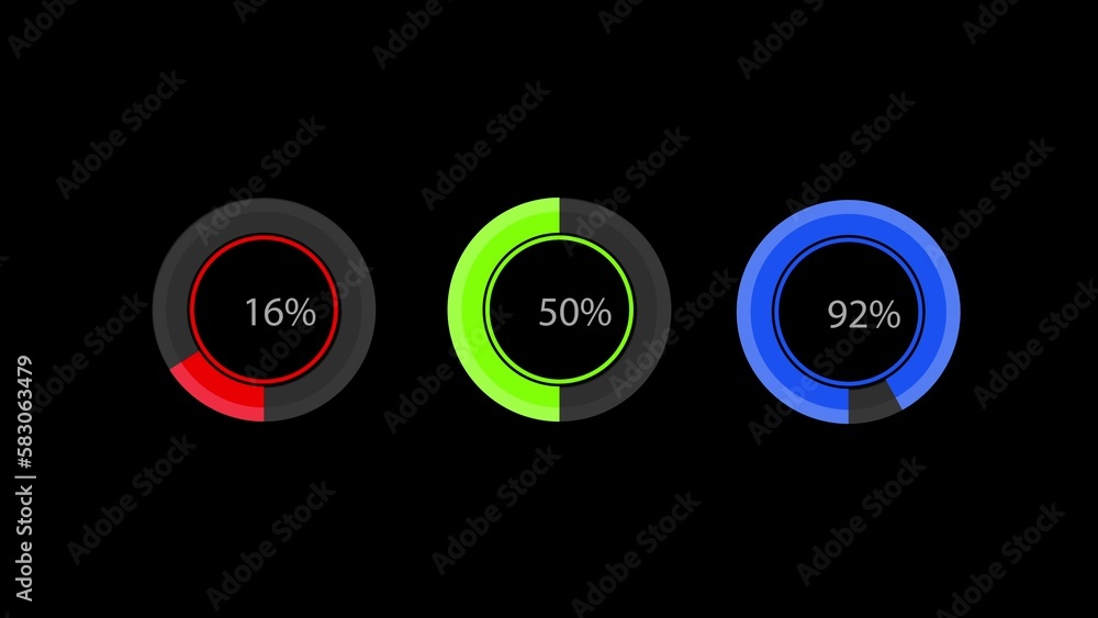 Three radial circular progress bars with different percentages. Bright and simple UI diagram ...