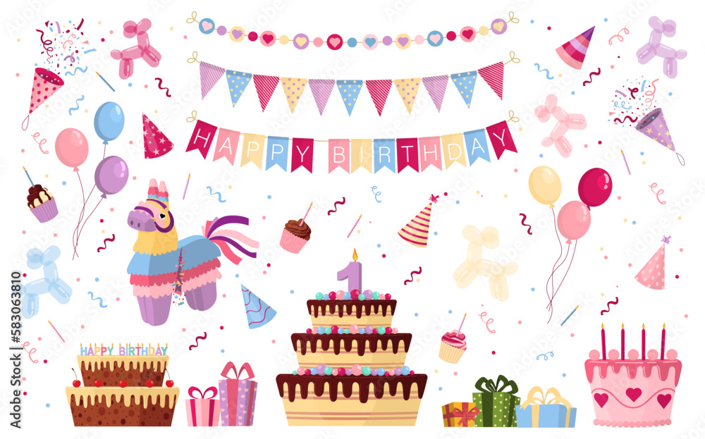 Cartoon birthday party set icon. Sweet celebration cupcakes, colorful ...