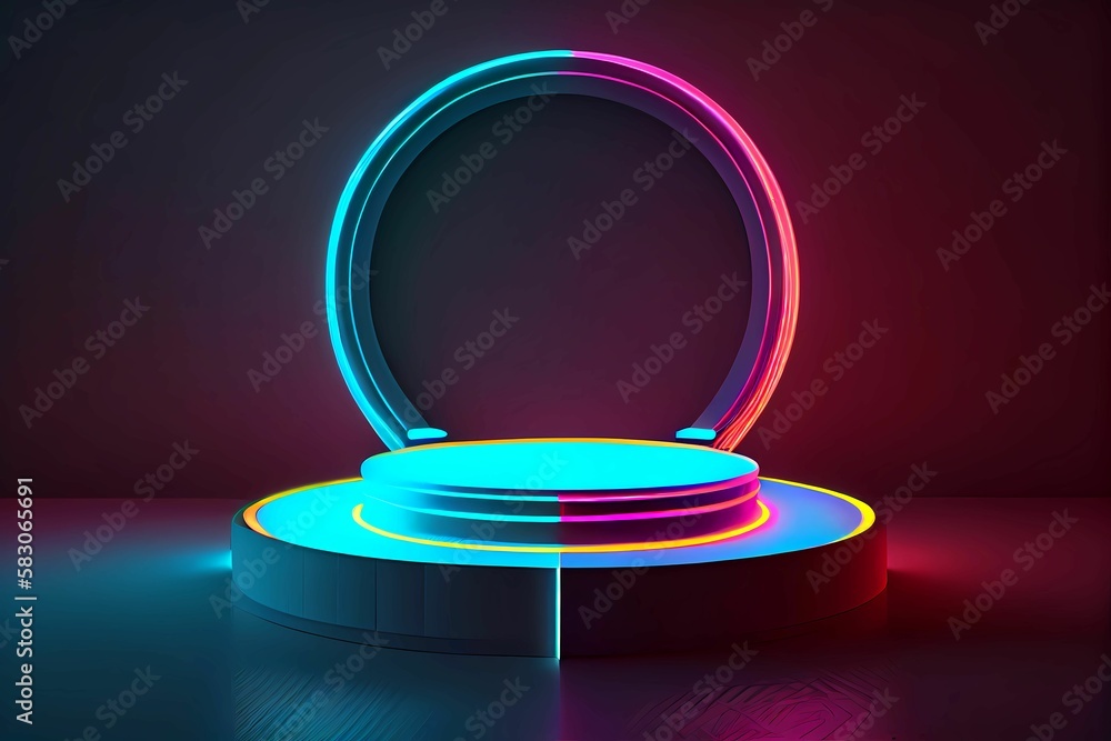 Neon light product background or neom, shiny podium pedestal and ...
