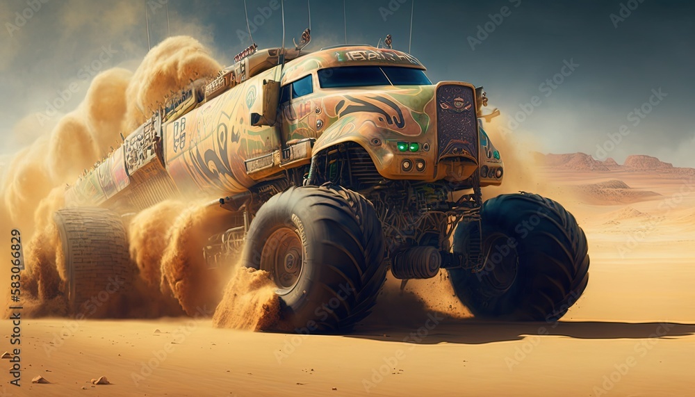 Monster truck custom vechicle driving fast in the desert, Generative Ai ...