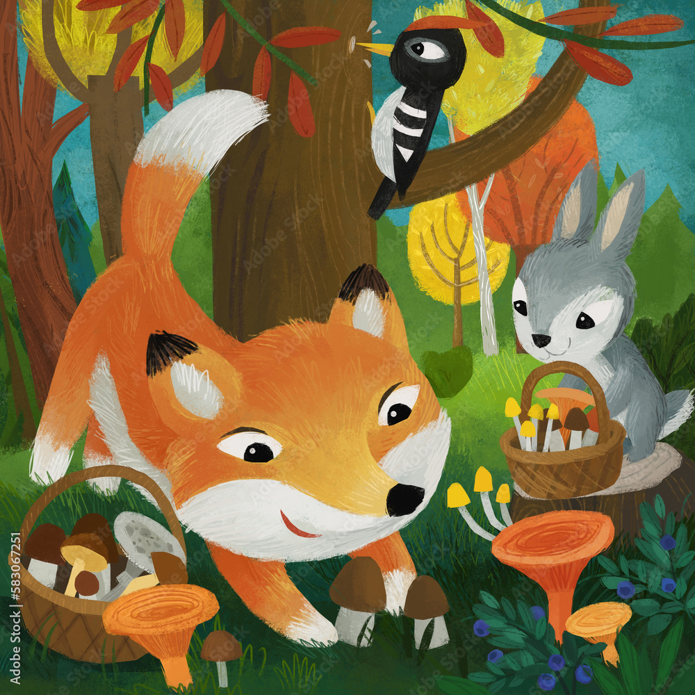 cartoon scene with different forest animals friends fox woodpecker ...