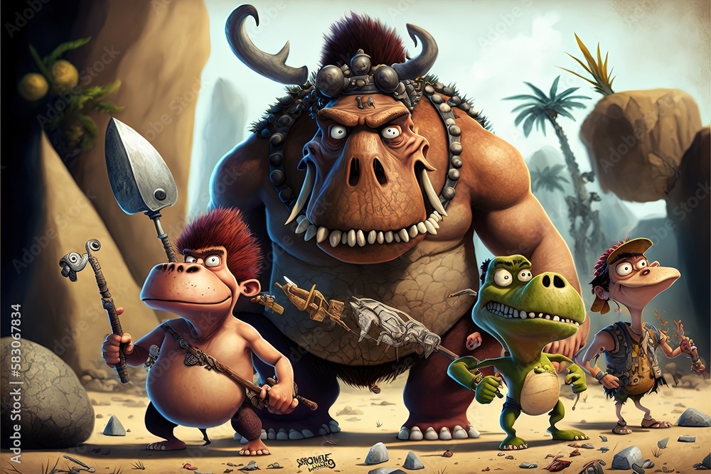 Cartoon drawing illustration, stone age era.Funny characters ...