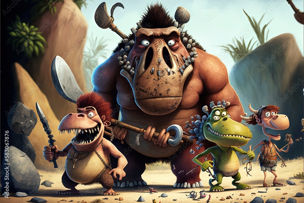 Cartoon drawing illustration, stone age era.Funny characters ...