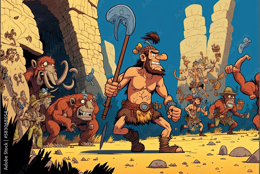 Cartoon drawing illustration, stone age era.Funny characters ...