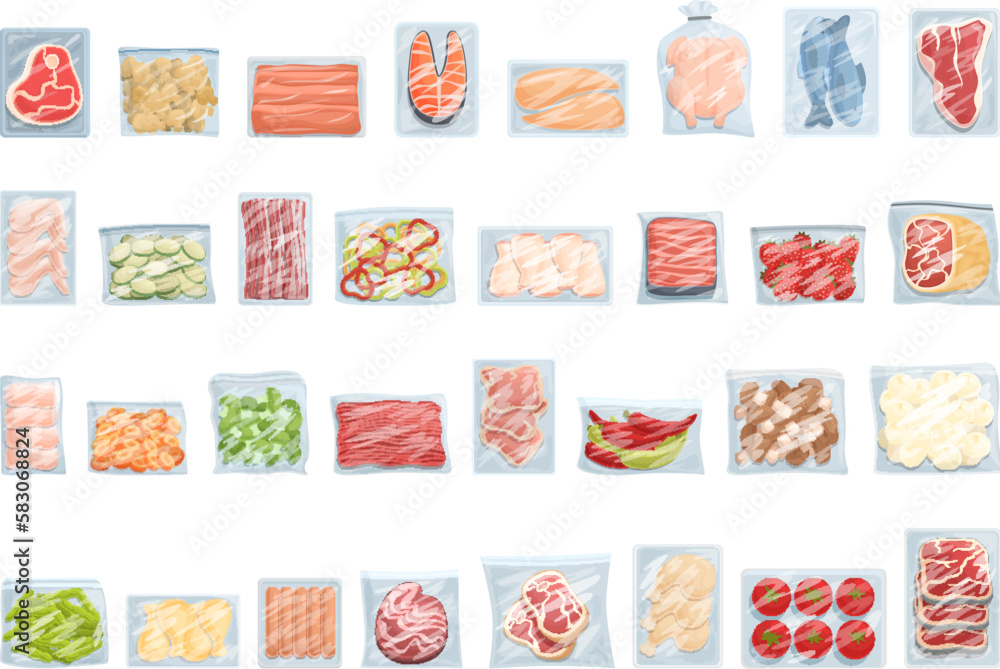 Frozen food icons set cartoon vector. Chicken bag. Vegetable product ...