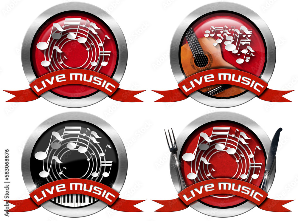 Live Music. Collection of four metal icons or symbols with musical ...