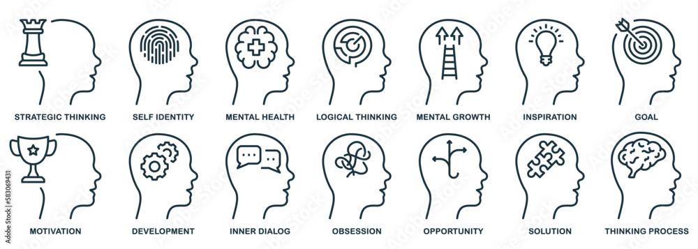 Human Mind Process Line Icon Set. Mental Health Linear Pictogram ...