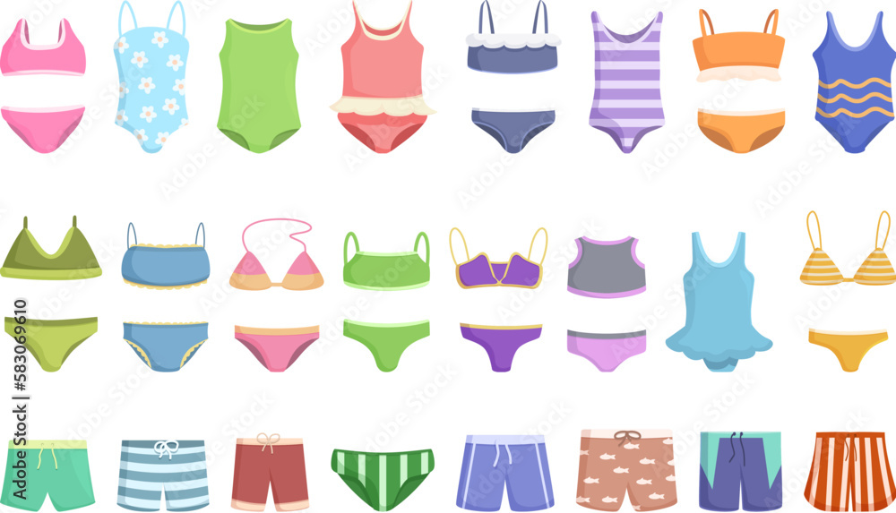Swimsuits for children icons set cartoon vector. Swim boy. Diver water ...