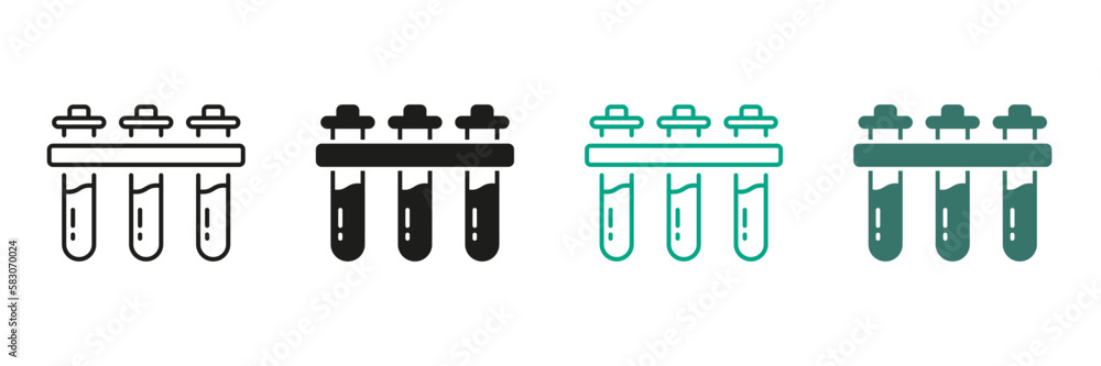 Test Tubes Line and Silhouette Icon Set. Chemistry Beaker Black and ...