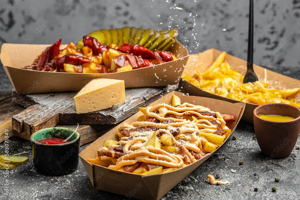 Fries food. Unhealthy tasty grilled french fries with cheese and bacon ...