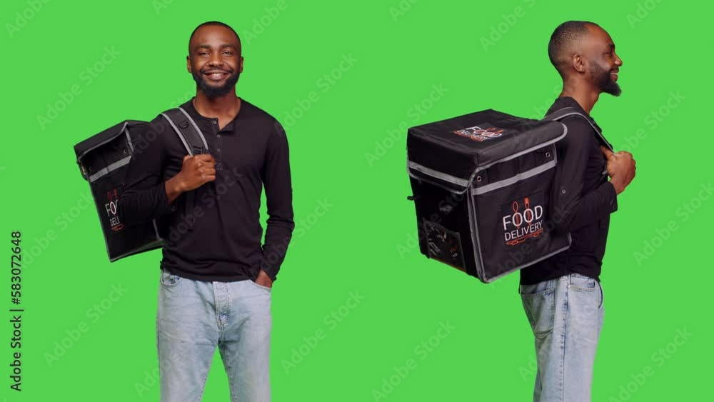 Food delivery employee carrying thermal backpack and delivering fast ...