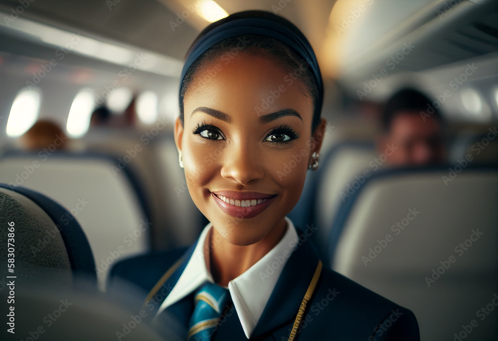 Portrait of beautiful smiling young African American woman air hostess ...
