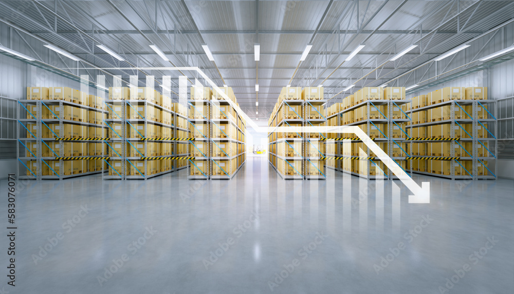 3d rendering of warehouse or distribution center with decrease graph ...