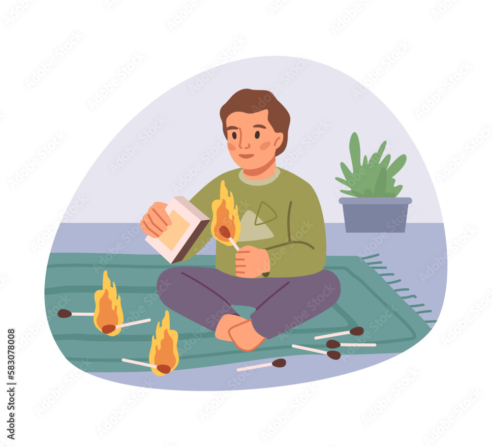 Boy child playing with matches, kid dangerous behavior at home ...