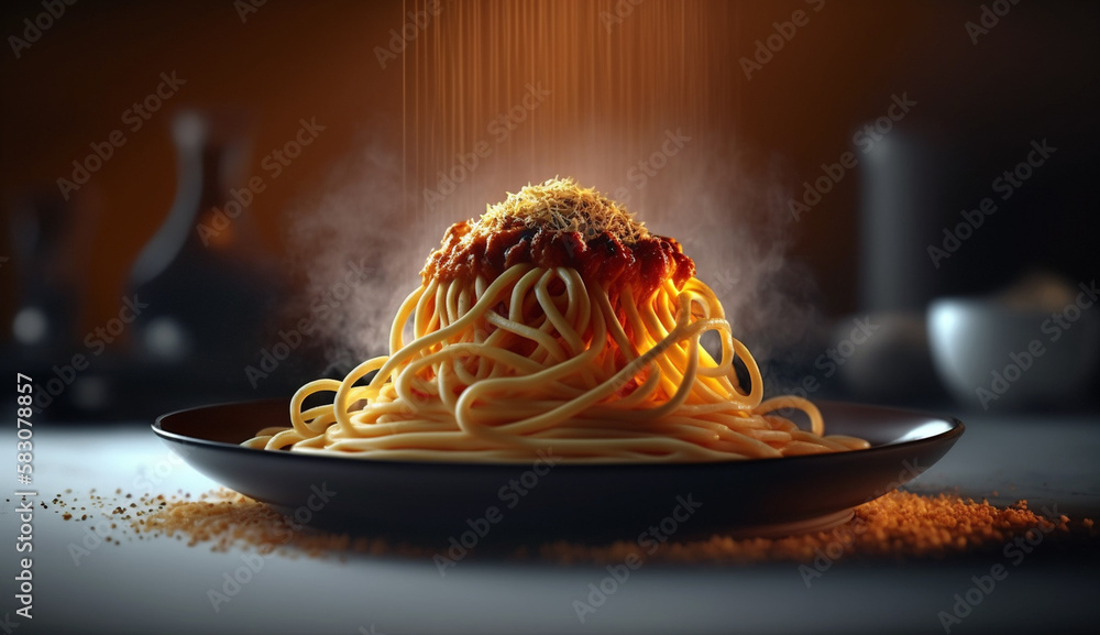 spaghetti italian food served at the restaurant table. Delicious luch ...
