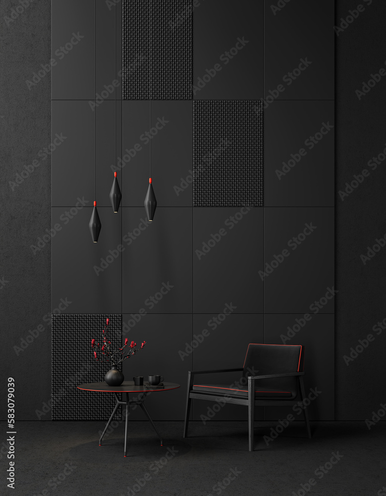 Monochromatic black modern interior with armchair and coffee table. All ...